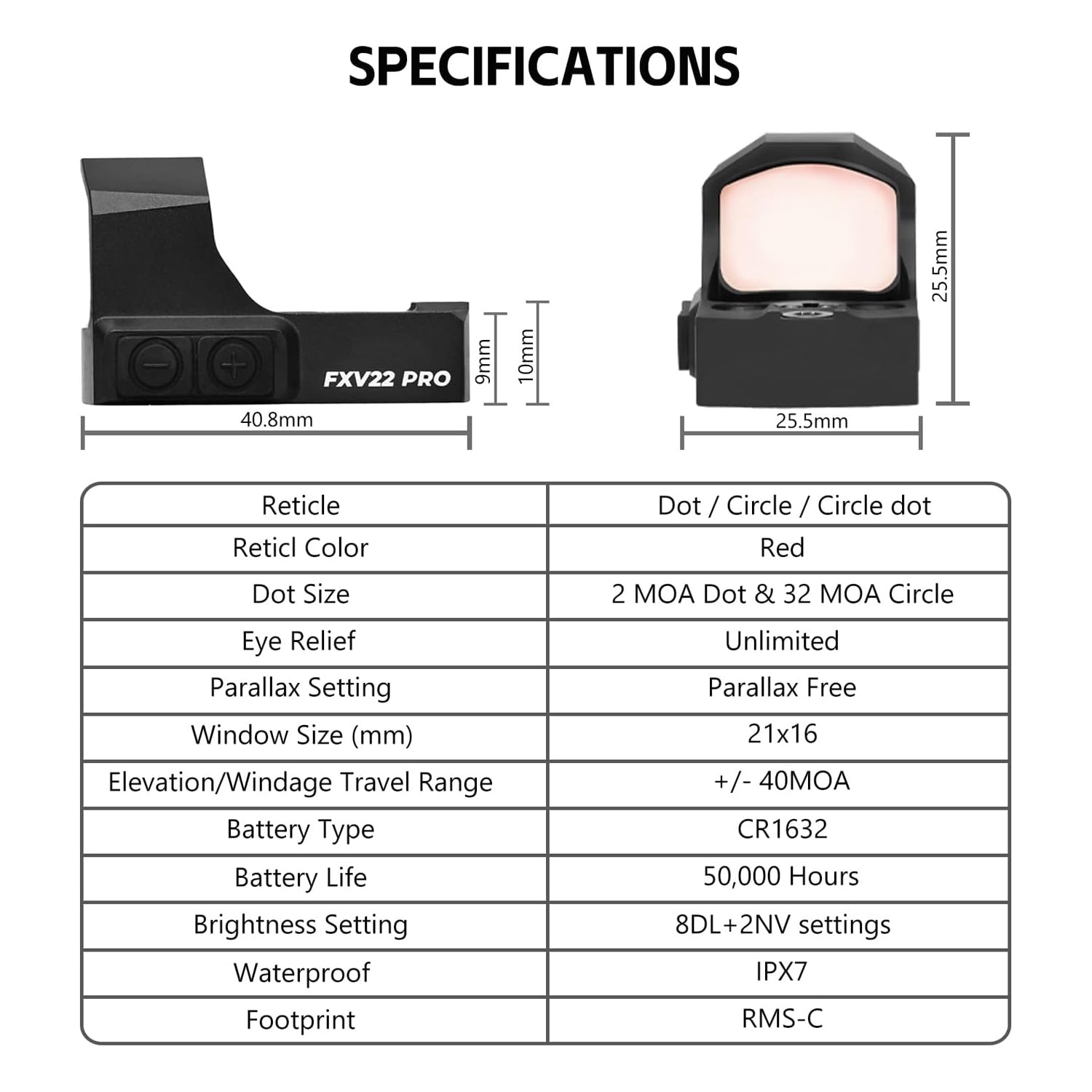 FOXARMY FXV22 PRO Multi-Reticle Red Dot Sight (RMS/RMS-C Footprint ...